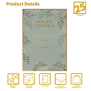 Better Office Products 25 Pack Party Invitations with Envelopes, Cardstock with Metallic Gold Foil Lettering, Bulk Set, 5x7 Inch, Fill in the Blank Notecards, for Weddings, Showers & All Occasions