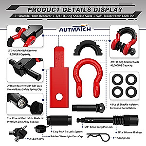 AUTMATCH Shackles 3/4" D Ring Shackle and Shackle Hitch Receiver 2 Inch with 5/8" Trailer Hitch Lock Pin, 45,000 Lbs Break Strength Heavy Duty Receiver Kit for Vehicle, Red