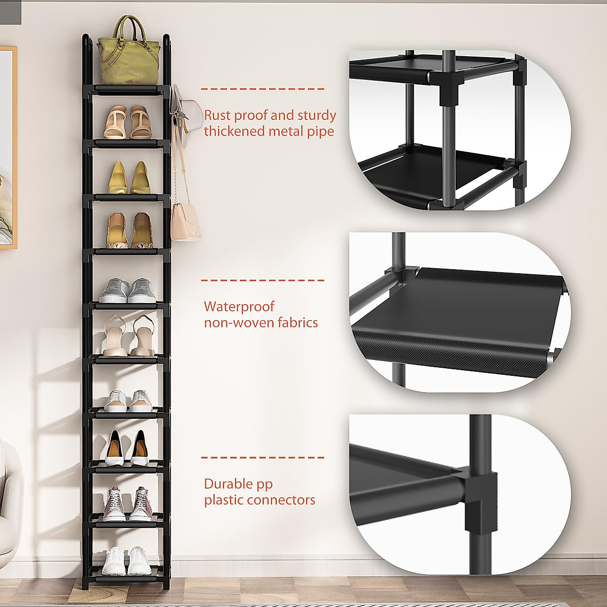 LUKYTOWER Tall Shoe Rack Narrow 10Tier Shoe Racks Organizer for Closet 10-15Pairs, Storage Rack for Shoes with 5Hooks, Sturdy Metal Shoe Shelf, Vertical Skinny Shoe Stand for Small Space