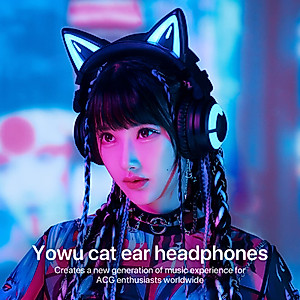 YOWU RGB Cat Ear Headphone 3G Wireless 5.0 Foldable Gaming Headset with 7.1 Surround Sound, Built-in Mic & Customizable Lighting and Effect via APP, Type-C Charging Audio Cable-Black