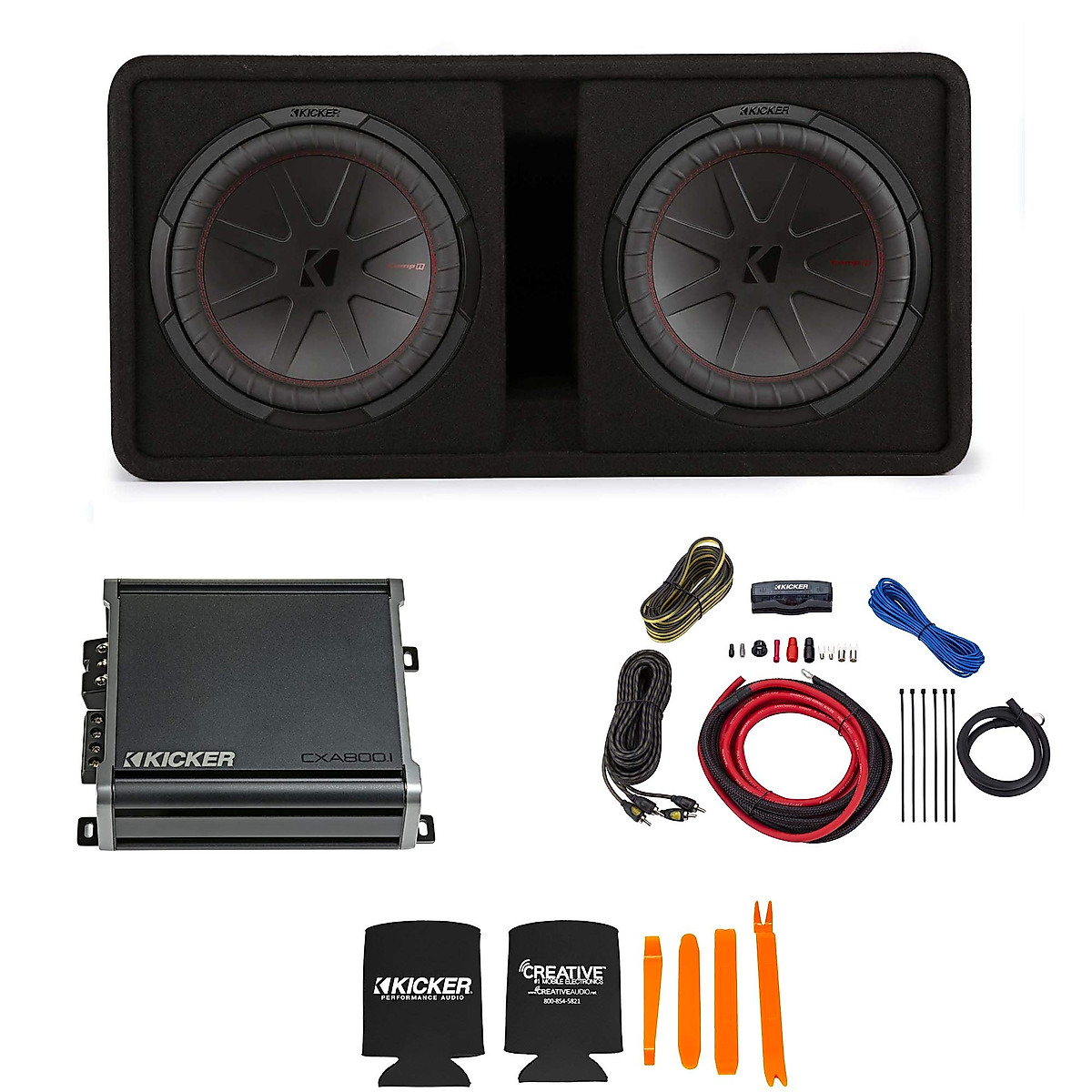 Kicker Comp R 12 Inch Dual Subwoofer in Vented Enclosure Package with 46CXA8001 Amplifier and Wire kit