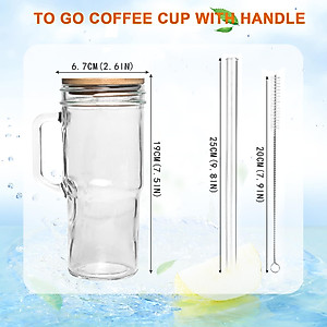 ONEHAUS Glass Cups with Lids and Straws 2 Packs - 24oz Glass Tumbler with Handle, Mason Jar with Lid and Straw -Wide Mouth Reusable Drinking Glasses, Smoothie Tumbler Iced Coffee Cup Travel Mug