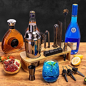 25-Piece Cocktail Shaker Set with Bamboo Stand, 304 Stainless Steel Bartender Kit, Professional Martini Shaker Bar Tool Set for Drink Mixing, Home, Bar, Party (Gun-Metal Black)