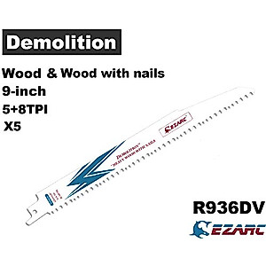 EZARC Reciprocating Saw Blades 9-Inch, Bi-Metal Cobalt Sabre Saw Blades for Wood & Metal Demolition 5+8TPI R936DV (5-Pack)