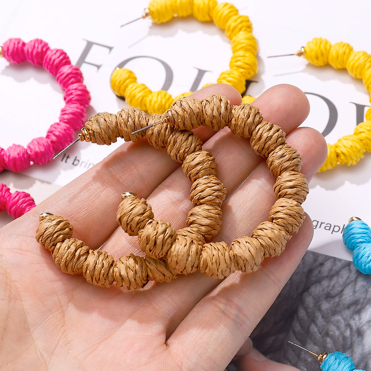 BSJELL 4 Pairs Rattan Earrings Hand Woven Geometric Statement Hoop Straw Wicker Braid Earrings Summer Beach Bohemian Drop Dangle Earrings for Women (A:Rattan Ball Hoop)