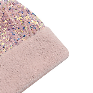 Caviotess Women Sparkly Sequins Knitted Beanie Hat Warm Winter Skull Cap with Faux Fur Pom Pom Light Pink
