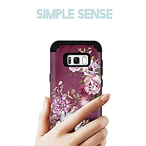 Hocase Galaxy S8 Case, Heavy Duty Shockproof Protection Soft Silicone Rubber Bumper+Hard Plastic Hybrid Dual Layer Protective Case for Samsung Galaxy S8 (SM-G950U) 2017 - Burgundy Flowers