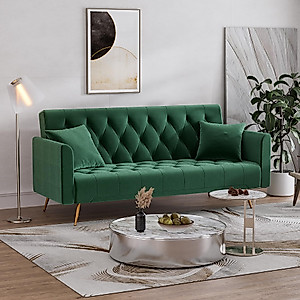 DAMAIFROM 71" Velvet Futon Sofa Bed, Modern Convertible Sleeper Sofa Loveseat, Tufted Futon Couch with Metal Legs for Small Living Room Office Bedroom, Green