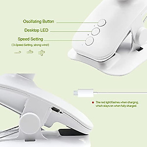 VOLLUCK Stroller Fan Clip on Rechargeable Battery Operated Portable Small Mini Fan with LED Light, 2000mA Long Lasting Handheld Powered Fan on for Baby, Travel, Indoor, Car Seat