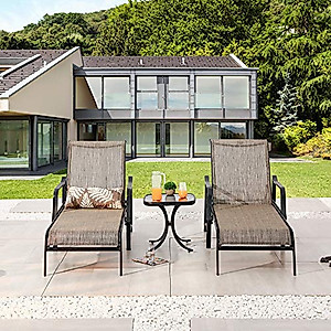 LOKATSE HOME Outdoor Patio Adjustable Metal Chaise Lounge Chair Recliner Set of 2 with 1 Glass Top Bistro Table, Grey