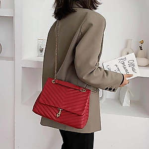 Minimalist Quilted Crossbody Messenger Bag For Women,Chain Flap Bag,PU Leather Shoulder Bag Wallet,Trendy Purses Handbag (Red)