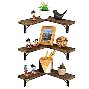 MyGift Wall Mounted Rustic Burnt Solid Wood Corner Shelf with Black Metal Brackets, Decorative Home Office Display Storage Shelves Rack, Set of 3