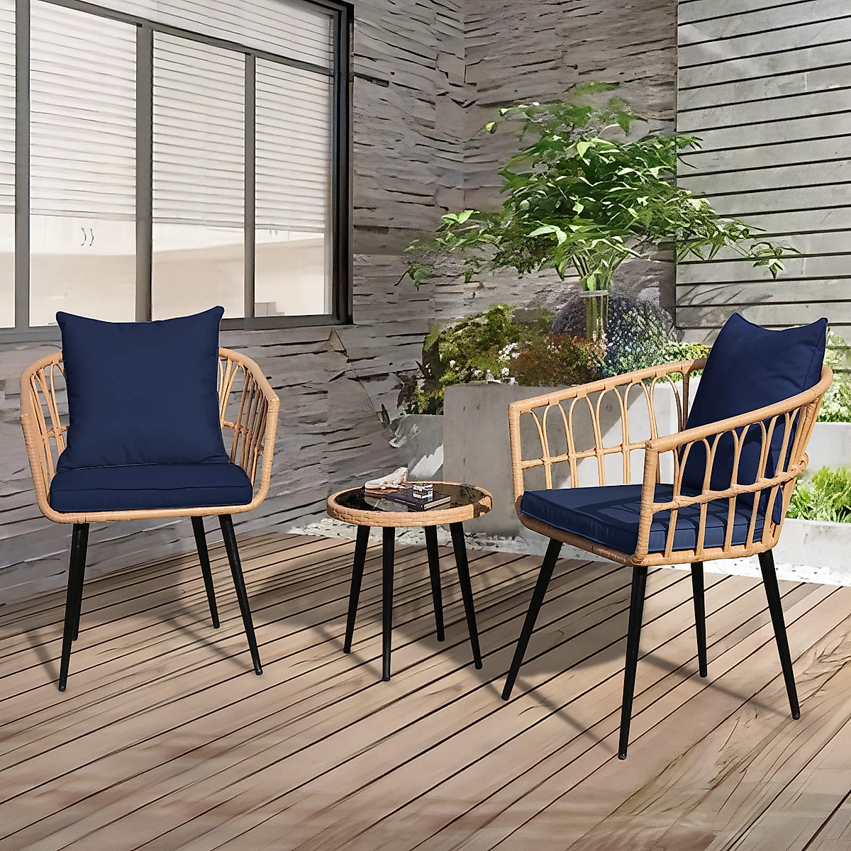SoarFlash 3 Pieces Outdoor Wicker Bistro Set Rattan Conversation Set with Coffee Table, Patio Chair Set for Lawn, Garden,Backyard, Deep Blue