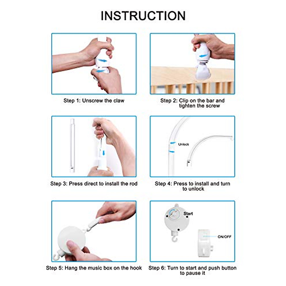 AFUNTA 23 Inch Baby Crib Claw Mobile Bed Bell Holder with Music Box, Adjustable Holder DIY Toy Decoration Hanging Arm Bracket Baby Bed Stent Set Nut Screw