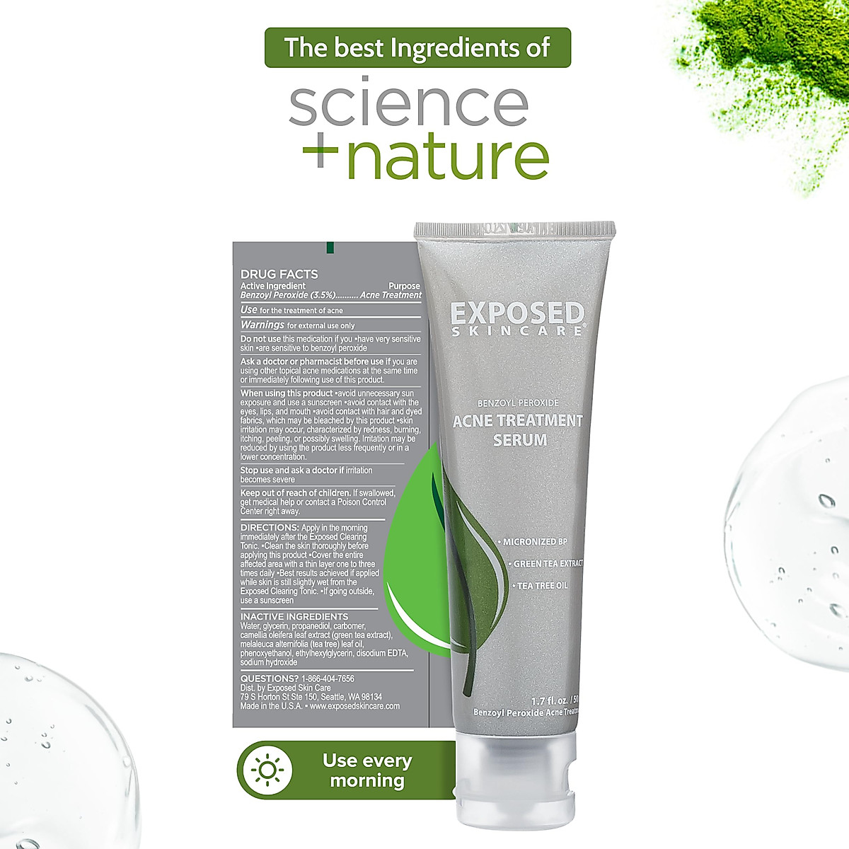 Exposed Skin Care Acne Treatment Serum Step 3 – Quickly Reduces Pimple Size and Redness - 12 Hour Spot Treatment - 3.5% Benzoyl Peroxide, Natural Green Tea & Tea Tree Oil