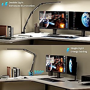 Arteasy LED Desk Lamp, Desk Light for Home Office, Dual Light Source, Eye-Caring Optical Lens, 5 Color Modes & Brightness, Swing Arm Office Lamp, Clamp Lamp with Timer/Memory Function, 18 W(Black)