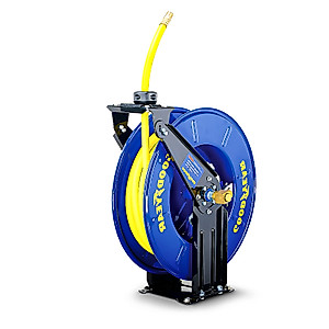 Goodyear Air Hose Reel Retractable 1/2" Inch x 50' Foot Long Premium Commercial Driven Sbr Hose Max 300 Psi Reinforced Steel Construction Heavy Duty Retractable Spring Industrial Dual Arm and Pedestal