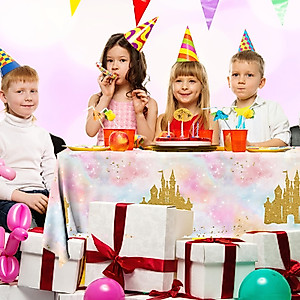 Juweked 3Pcs Princess Castle Tablecloth Rectangle Princess Table Cloth Pink Tablecloth Plastic Princess Table Decorations Pastel Table Cover Gold and Pink Princess Party Decor, 70.8" x 42.5"