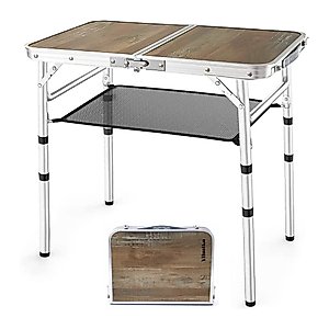 YihuiKo Small Folding Table,3 Adjustable Heights Foldable Table, Camping Table,Outdoor Folding Table with Storage Mesh Layer，Portable Table for BBQ,Patio,Garden and Indoor(Brown)
