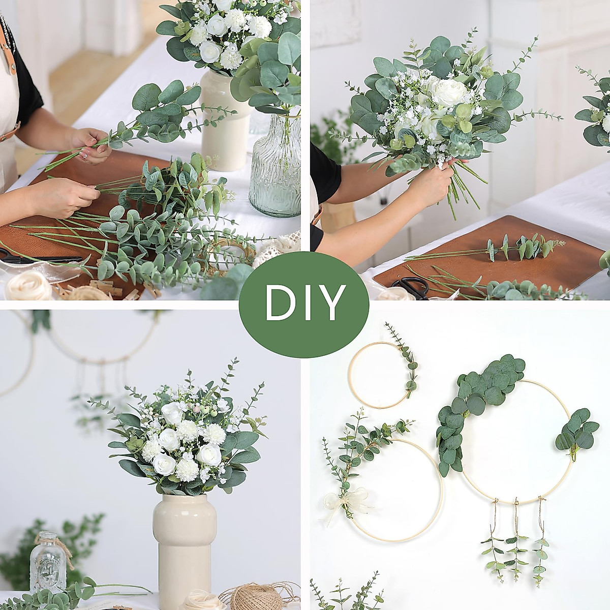 110 Pcs 7 Kinds Mixed Artificial Eucalyptus Stems and Faux Flowers,Fake Silver Dollar Eucalyptus Leaves Stems Bulk Real Touch Leaf Branches for DIY Bouquets Floral Arrangement Wedding Home Decor