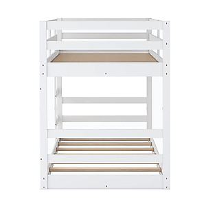 Twin Over Twin Low Bunk Bed, Solid Wood Floor Bunk Bed with Ladder, for Toddlers Kids Boys Girls (White)