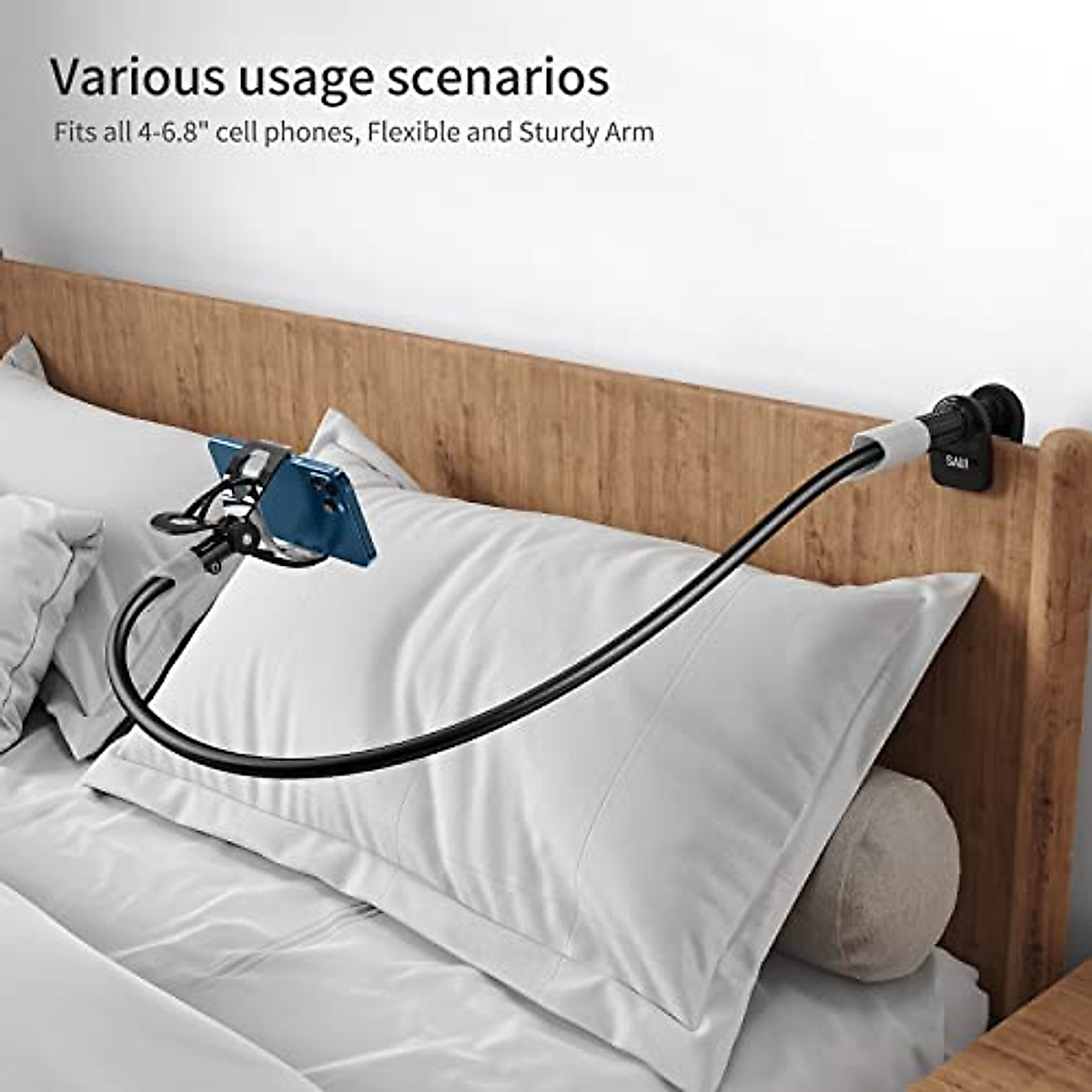SAIJI Gooseneck Bed Phone Holder, Flexible Long Arm Phone Mount for Desk, Clip Bracket Clamp Stand for 4.0-6.5'' Mobile Cell Phone Stand Document Camera Nintendo Switch (Black)