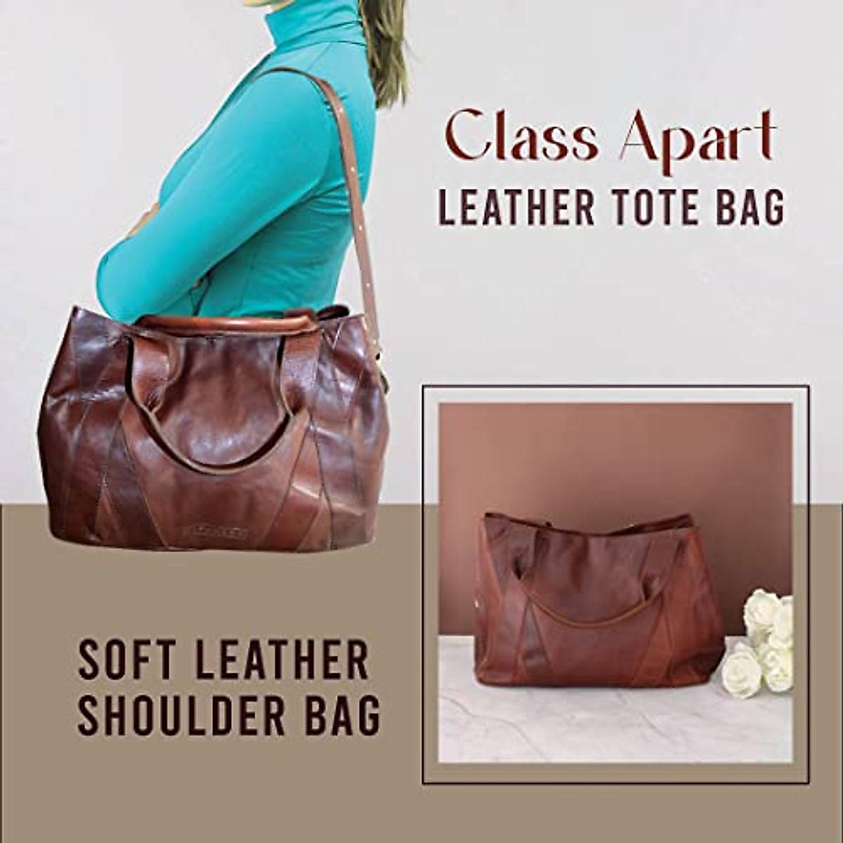 PIPABOX Class Apart Leather Tote Bag, Soft Leather Shoulder Bag, With Large storage for all daily essential for Girls & Women, Brown