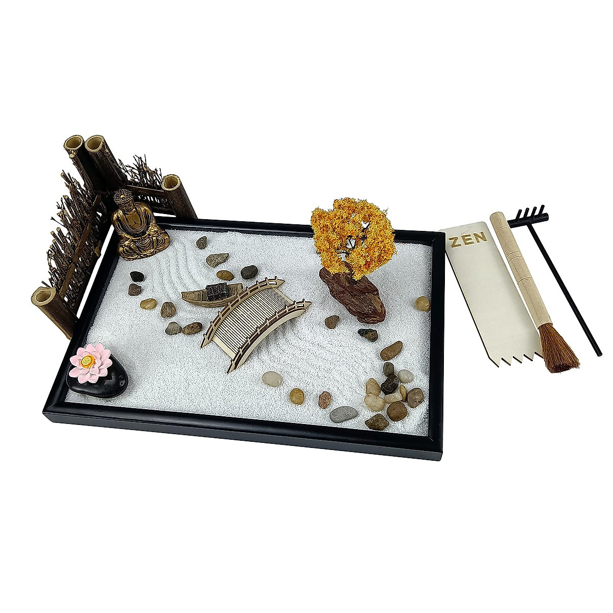 Oritlife Japanese Mini Meditation Zen Garden for Desk,Relax Desktop Zen Garden Kit with Square Sandbox, Balance Stones Mini Zen Sand Garden Kit