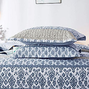 KASENTEX Country-Chic Printed Pre-Washed Quilt Bedding Set - Microfiber Fabric Quilted Pattern Bedding (Multi-Blue C, Queen + 2 Shams)