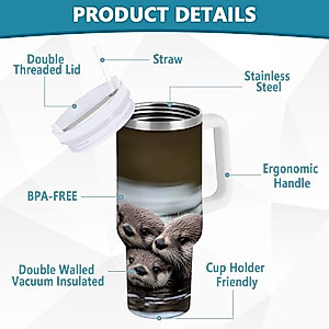 Nexawaveo Otters Family Tumbler With Handle And Straw 30-40oz Insulated Tumbler Cups With Lid Stainless Steel for Cold Water and Drinks for School Work Sports Car Travel and Weekends