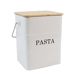 Gdfjiy Spaghetti Canister, White Metal Pasta Storage Container with Sealed Bamboo Lid & Portable Handle, Pasta Keeper Spaghetti Containers Storage for Pantry Organization