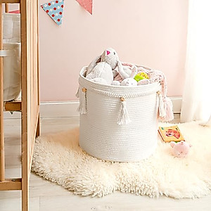 Mkono Macrame Decorative Cotton Rope Basket Boho Cute Woven Tassel Closet Storage Bins Organizer for Nursery,Baby Toys,Magazines, Potted Plants Cover,Living Room,Bedroom,Home Decor 11"x11",Small