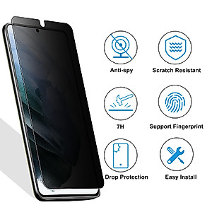 Mothca Anti-Spy Privacy Tempered PET Screen Protector for Samsung Galaxy S21 FE 5G, 2 Pack, Fingerprint ID Compatible, Easy Installation with Frame