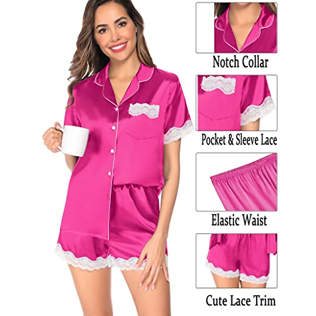 SWOMOG Women's Silk Lace Pajama Sets Satin Button Down Pjs Lace Shorts 2 Pcs Sleepwear Bridal Party Lounge Set with Pockets Red Rose