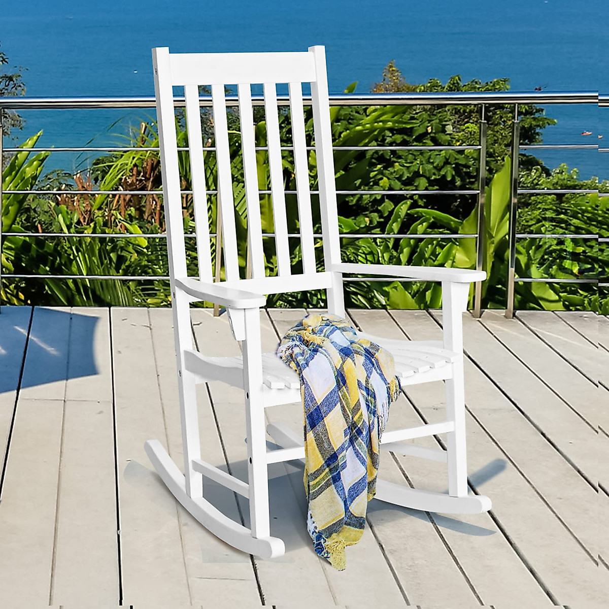 Tangkula Acacia Wood Porch Rocking Chair Set, Wooden Rocking Chair Rocker with High Back & Armrest for Indoor Outdoor Use, Patio Rocker for Garden Lawn Balcony Backyard Poolside (2, White)