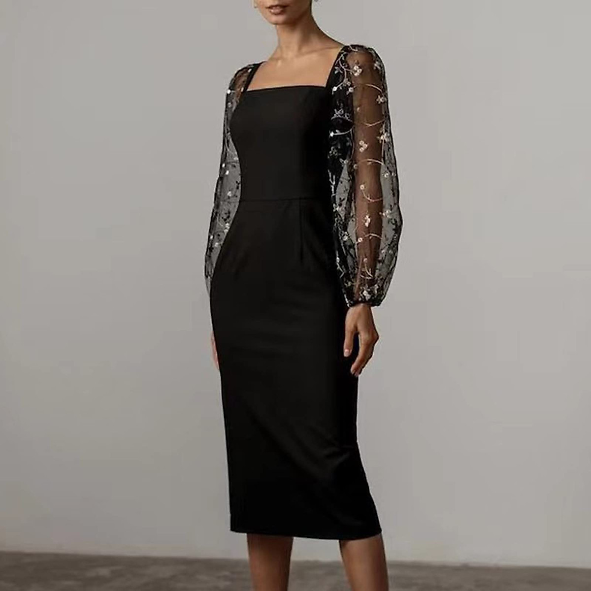 Beach Dresses for Women Women Square Neck Long Sleeve Dress Tulle Floral Embroidered Evening Dresses Wrap Hip Dress Black