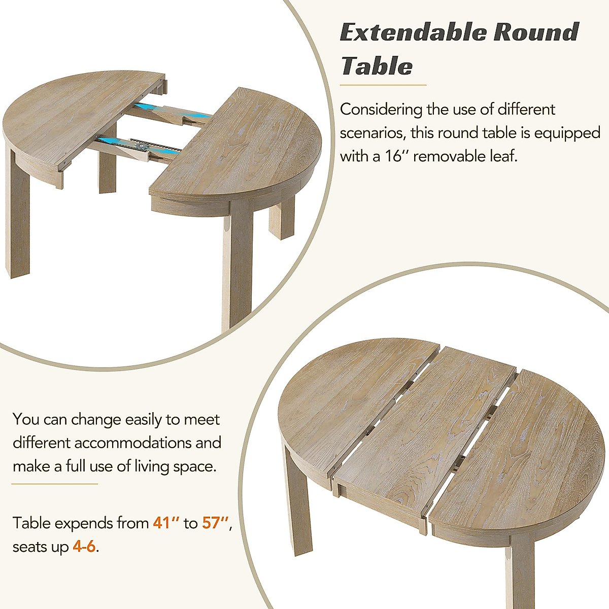 Merax Round Dining Table Set for 4, Extendable Wood Frame with Drawers and Wooden Chairs, Built-in 16" Removable Leaf, Natural