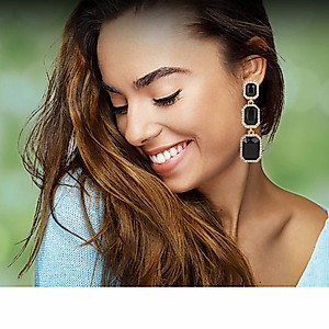 Met-edianger Black Rhinestone Dangle Earrings Statement Crystal Drop Earrings Formal Prom Rectangle Dangling Earrings for Women