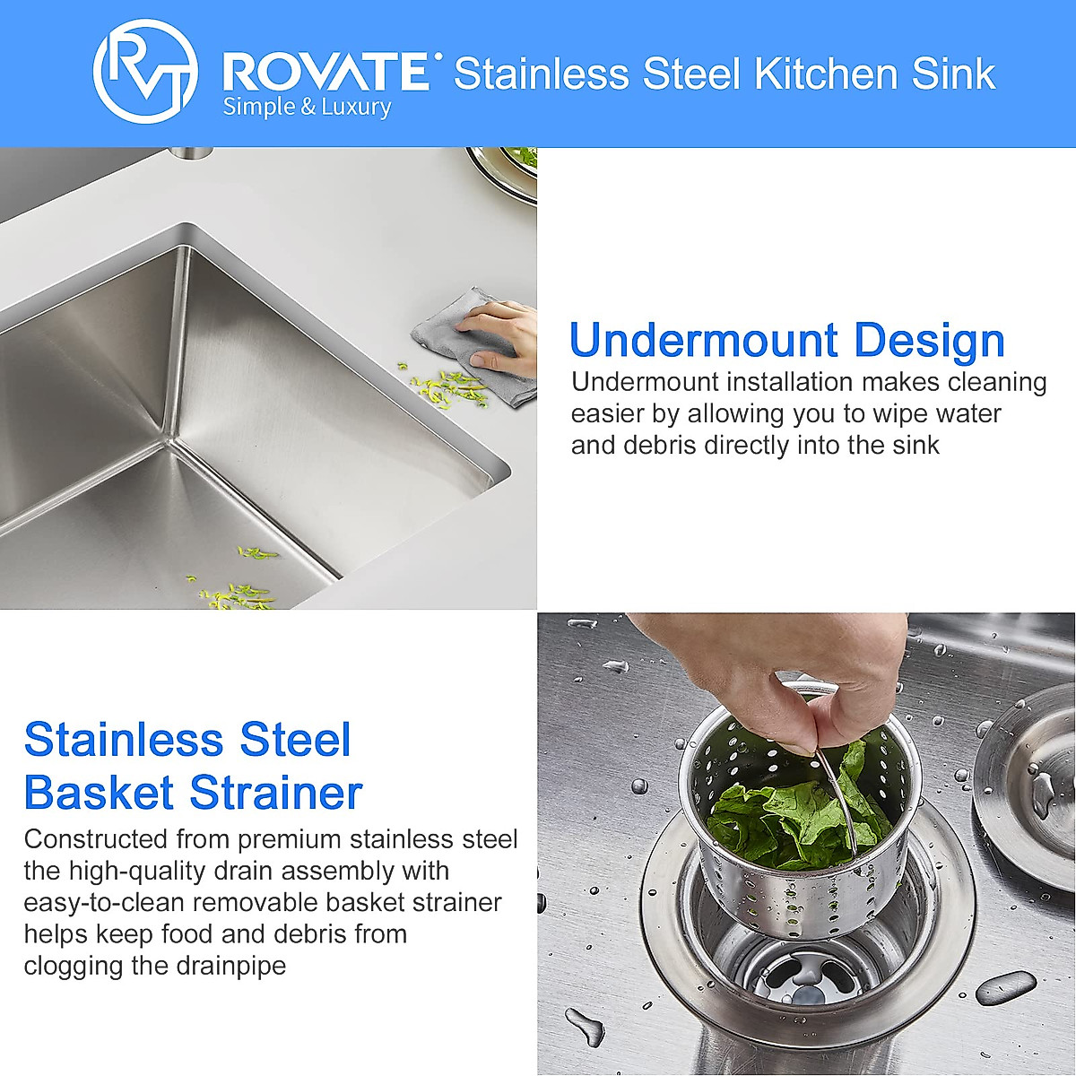 ROVATE 20 inch Kitchen Sink Undermount Singel Bowl, Bar or Kitchen Sink Handmade, 304 Stainless Steel Kitchen Sink with Strainer