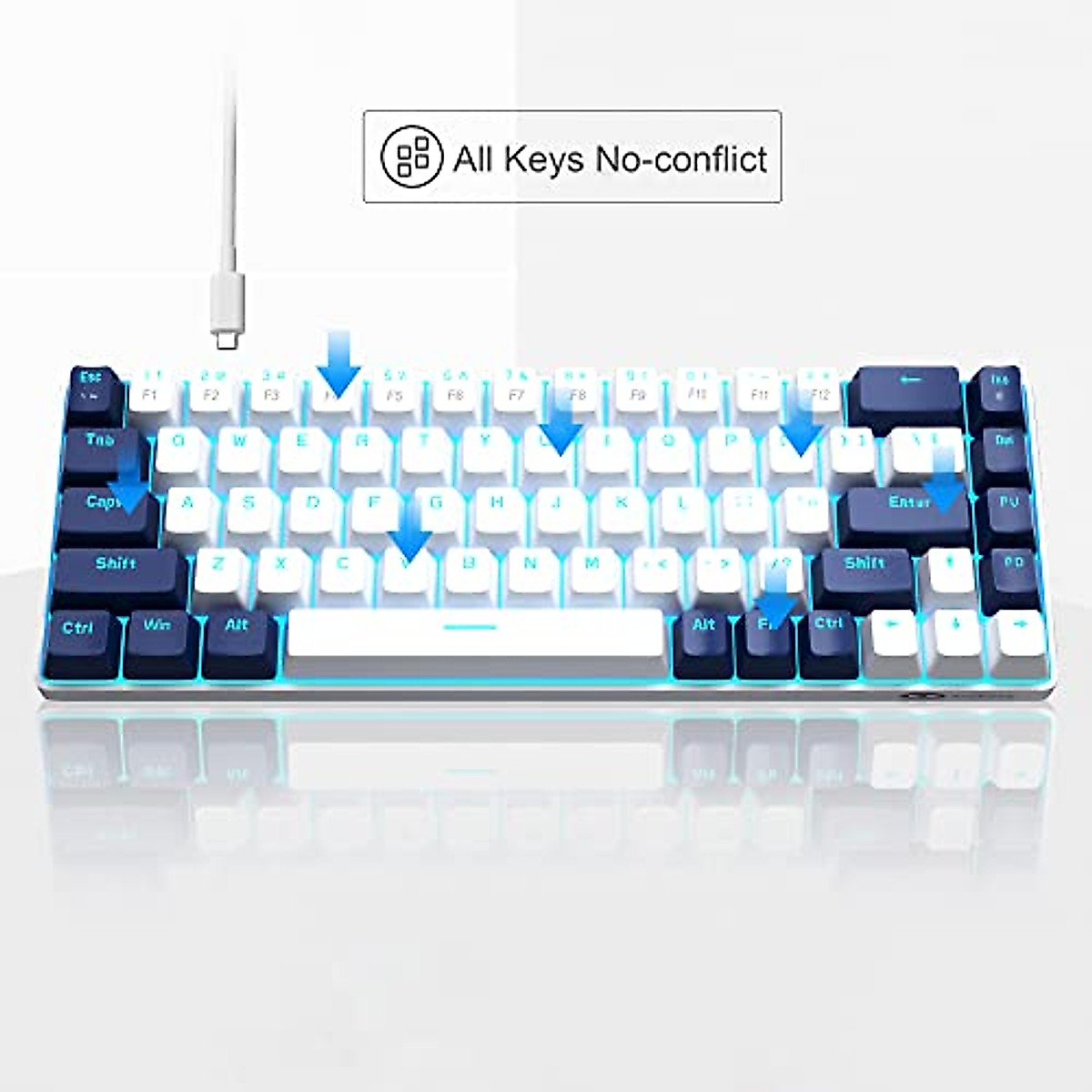 MageGee Portable 60% Mechanical Gaming Keyboard, MK-Box LED Backlit Compact 68 Keys Mini Wired Office Keyboard with Red Switch for Windows Laptop PC Mac - White/Blue