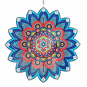 Exhart 3D Mandala Wind Spinner, Laser-Cut, Metal Garden Spinner w/Crystals, Hanging Yard Decor, 12 inches