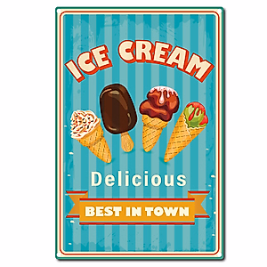 CREATCABIN Retro Vintage Tin Sign Delicious Ice Cream Best in Town Metal Wall Decor Decoration Art Mural for Home Garden Kitchen Bar Pub Living Room Office Garage Poster Plaque 12 x 8inch