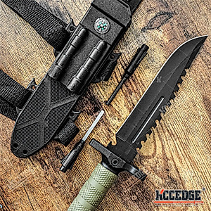 Tactical Knife Hunting Knife Survival Knife 13.75" Fixed Blade Knife With Combat Blade Camping Accessories Camping Gear Survival Kit Survival Gear Tactical Gear 79408 (Olive Green)