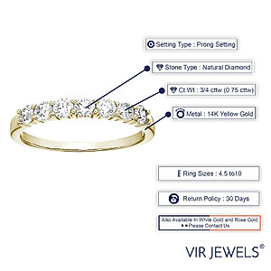 Vir Jewels 3/4 cttw Diamond Wedding Anniversary Band for Women, Round Diamond Engagement Ring 14K Yellow Gold 7 Stones Prong Set, Size 5.5