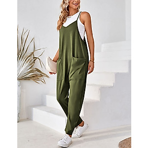 Wyeysyt Womens Casual Jumpsuits Sleeveless Loose Adjustable Strap Overalls Wide Leg Baggy Bibs Romper Pants with Pockets(ArmyGreen-M)