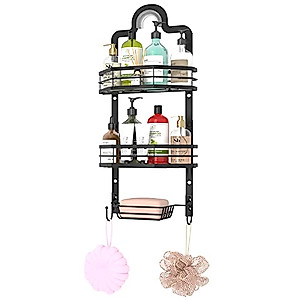 GILLAS Hanging Shower Caddy,Over Head Shower Caddy Rustproof, No Drilling Shower Storage Rack Organizer for Towels, Sponge, Shampoo, Black