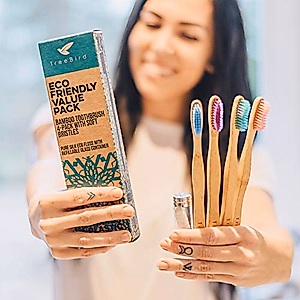 Bamboo Toothbrush 4-Pack & Compostable Silk Dental Floss with Refillable Glass Holder | Biodegradable Oral Care Set | Soft BPA-Free Bristles | Natural Eco-Friendly Gifts for Men & Women | Moso Handle