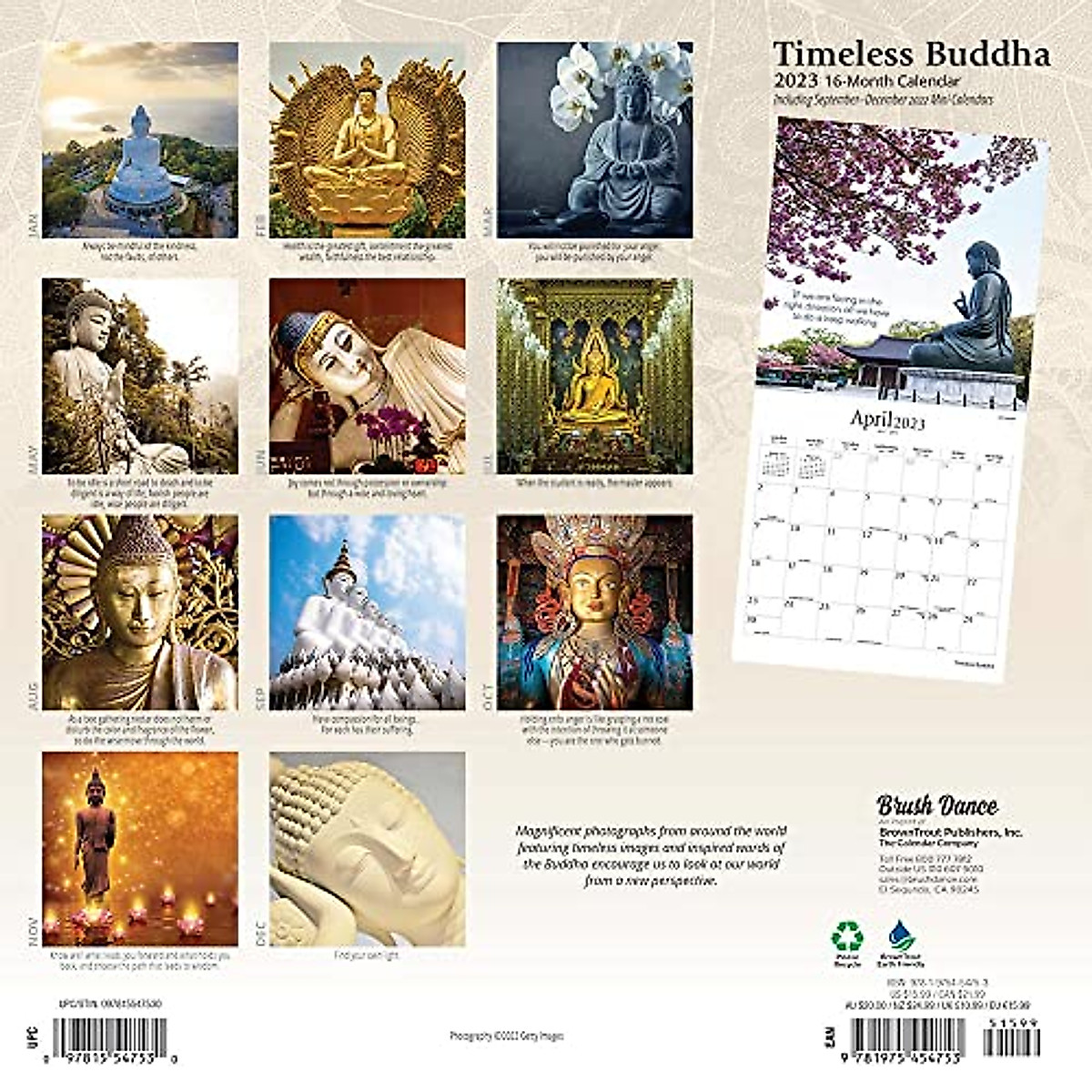 Timeless Buddha | 2023 12 x 24 Inch Monthly Square Wall Calendar | Brush Dance | Inspiration Thailand Peace