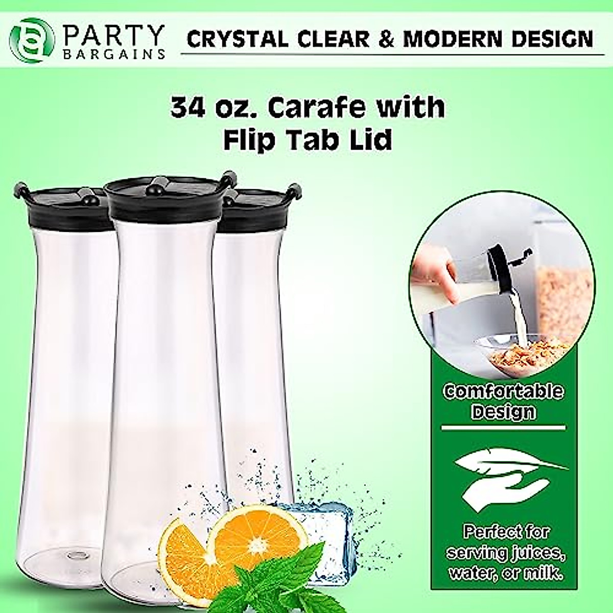 Party Bargains 34 oz. Water Carafe with Flip Tab Lids - 1 Pack, Black Lid Premium Quality & Heavy Duty Carafe - Excellent for Milk, Water, Iced Tea, Powdered Juice, Cold Brew, Mimosa Bar