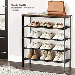 TUTOTAK Shoe Rack 5 Tier, Narrow Shoe Organizer for Closet Entryway, with 4 Fabric Shelves and Top for Bags, Shoe Shelf, Steel Frame, Industrial, Rustic Brown and Black SR01BB022
